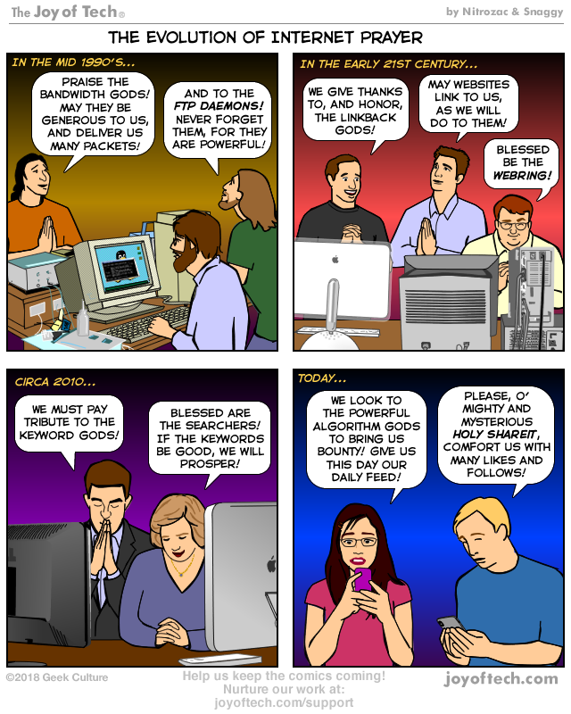 The Joy of Tech comic... The evolution of Internet prayer...