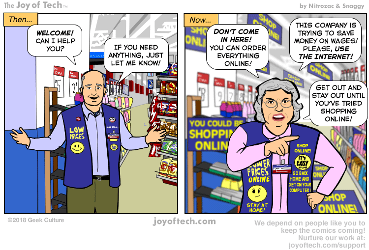 The Joy of Tech comic... Retail greeters, then and now.