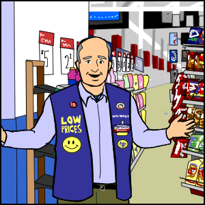 The Joy of Tech comic... Retail greeters, then and now.