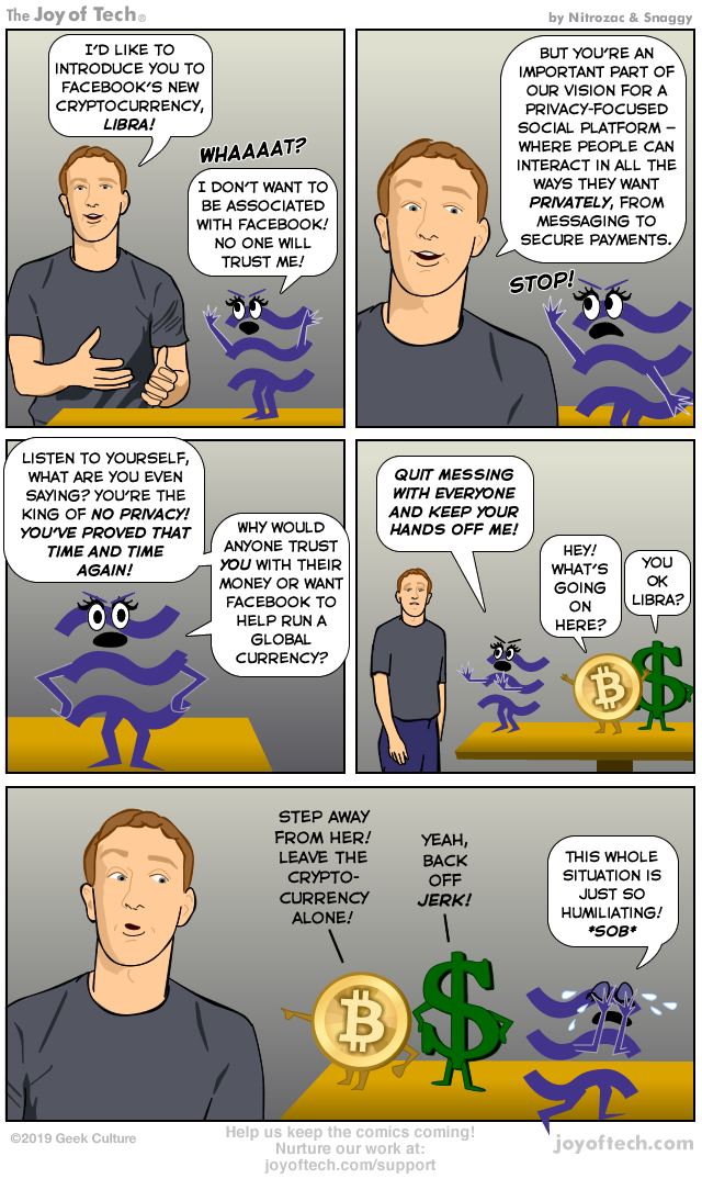 The Joy of Tech comic... Zuck's new cryptocurrency!