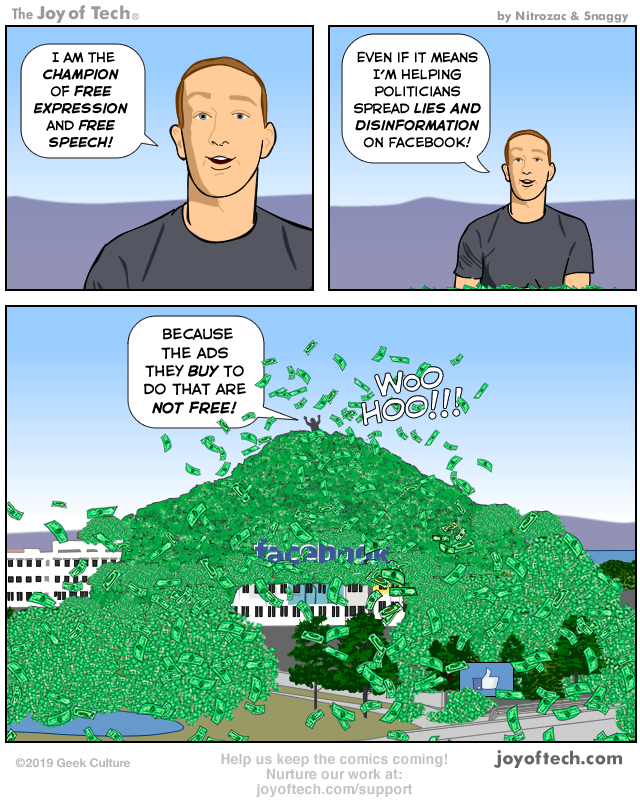 The Joy of Tech comic... Zuck, the Champion of Free Speech!