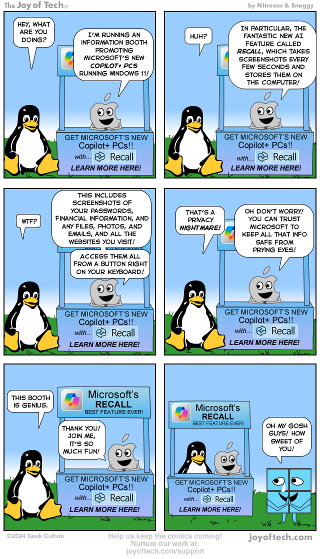 The Joy of Tech comic... Apple shills for Microsoft's Recall.