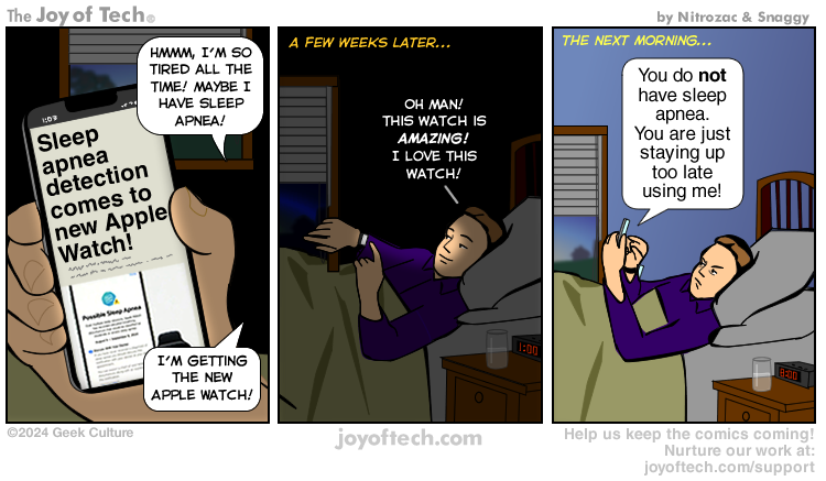 The Joy of Tech comic... Apple Watch sleep apnea.